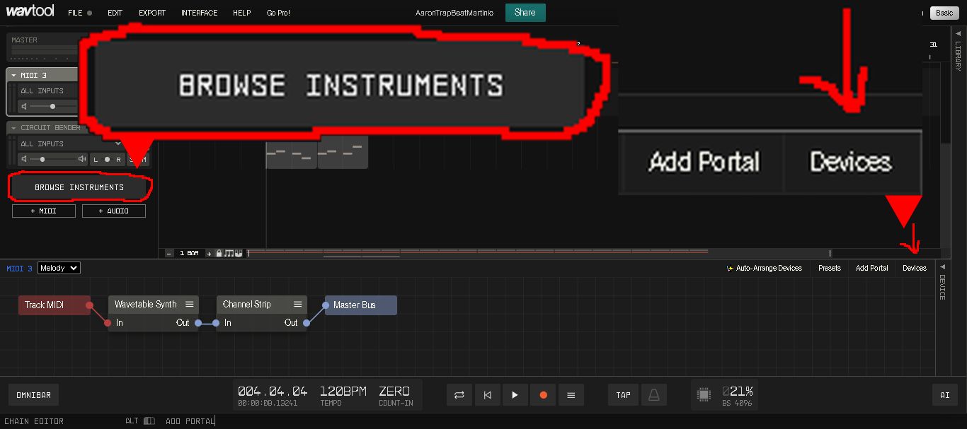 Botón Explorar instrumentos más botón dispositivos